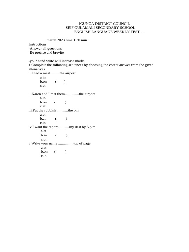 English Language Weekly Test | PDF