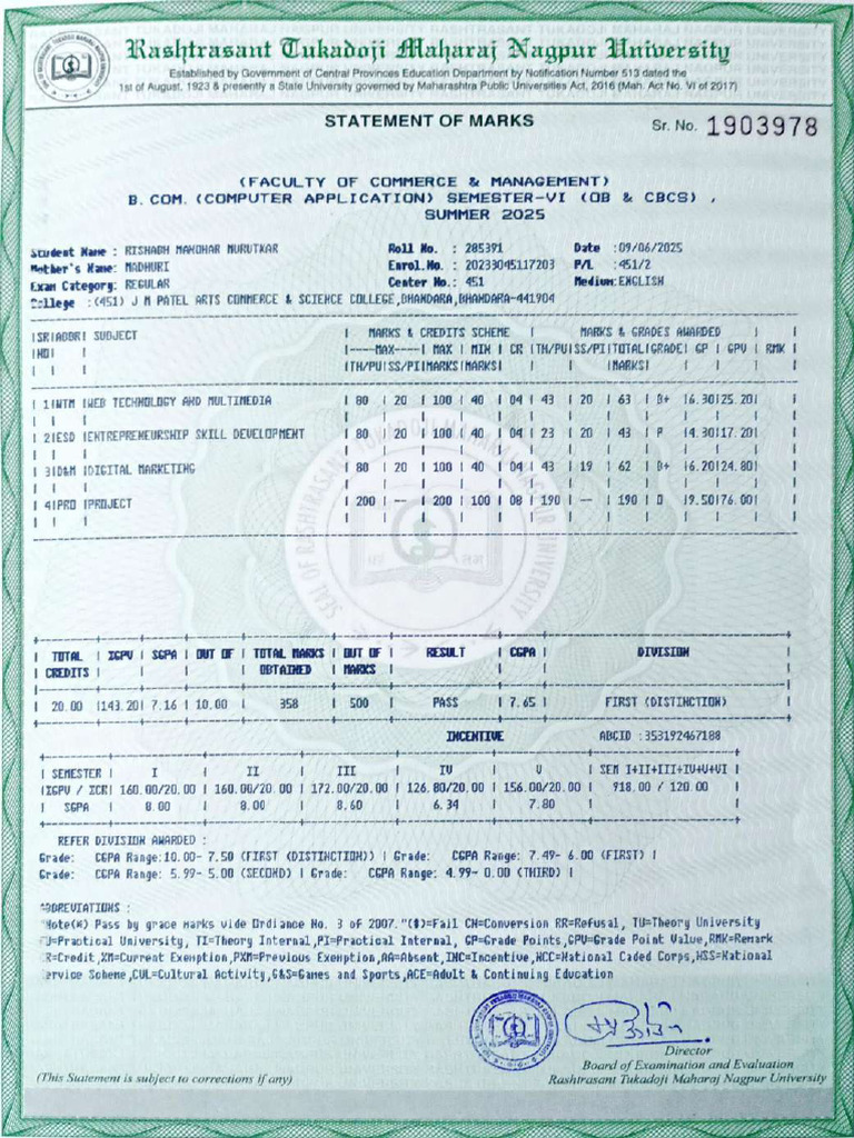 Graduation Final Marksheet | PDF