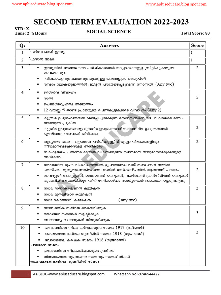 A+ Blog-Sslc-Social Science-Second Term Exam 2022-23-Mm Ans Key | PDF