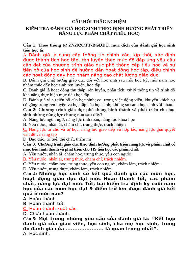 Cau Hoi Trac Nghiem Mo Dun Gvpt06 Gv Tieu Hoc Pdf
