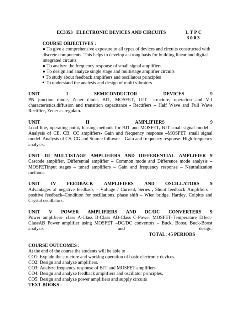 Ec3353 Electronic Devices and Circuits Syllabus | PDF | Amplifier | Electronic Oscillator