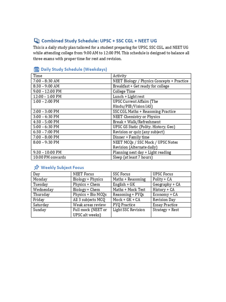 Study Schedule UPSC SSC NEET | PDF