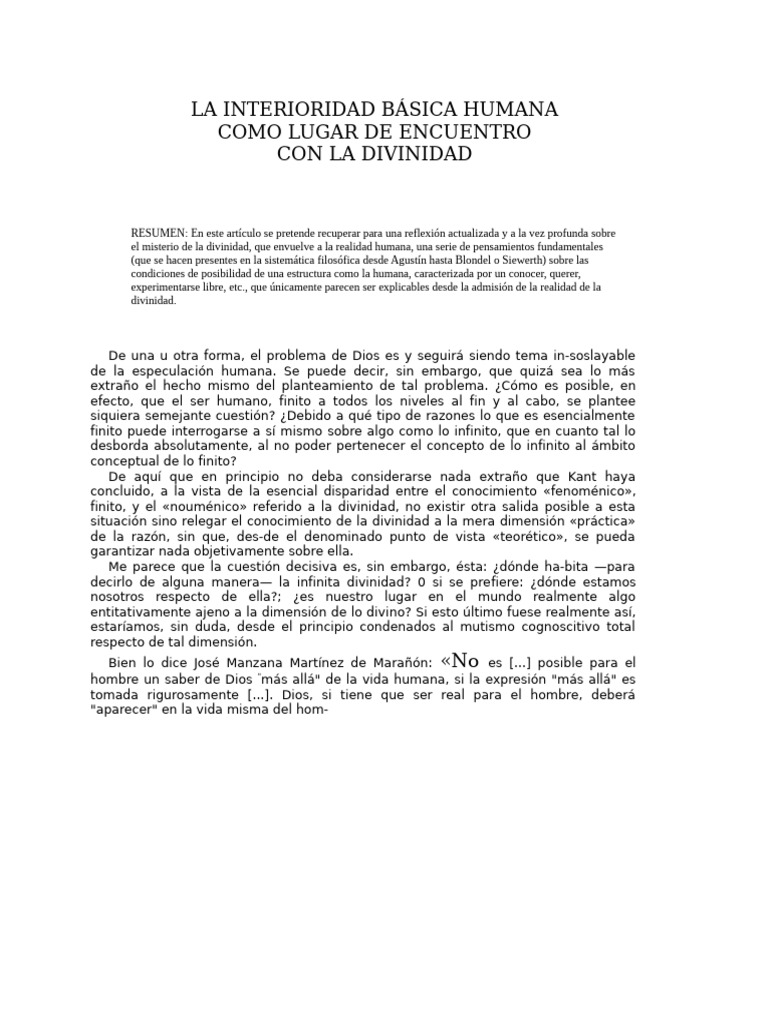 La Interioridad Básica Humana Como Lugar de Encuentro Con La Divinidad ...