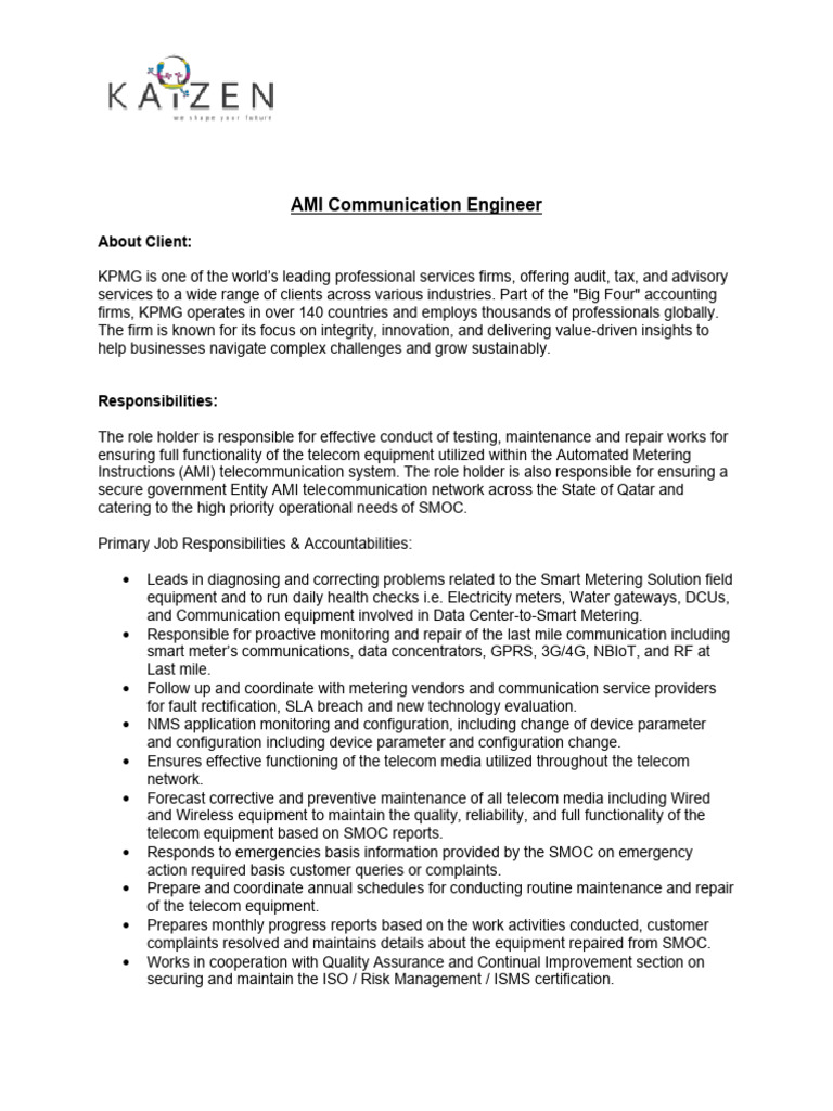 AMI Communication Engineer Role at KPMG | PDF | Telecommunications ...