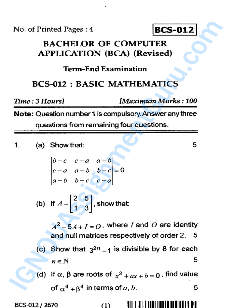 Basic Mathematics Exam BCA BCS-012 | PDF | Equations | Geometry