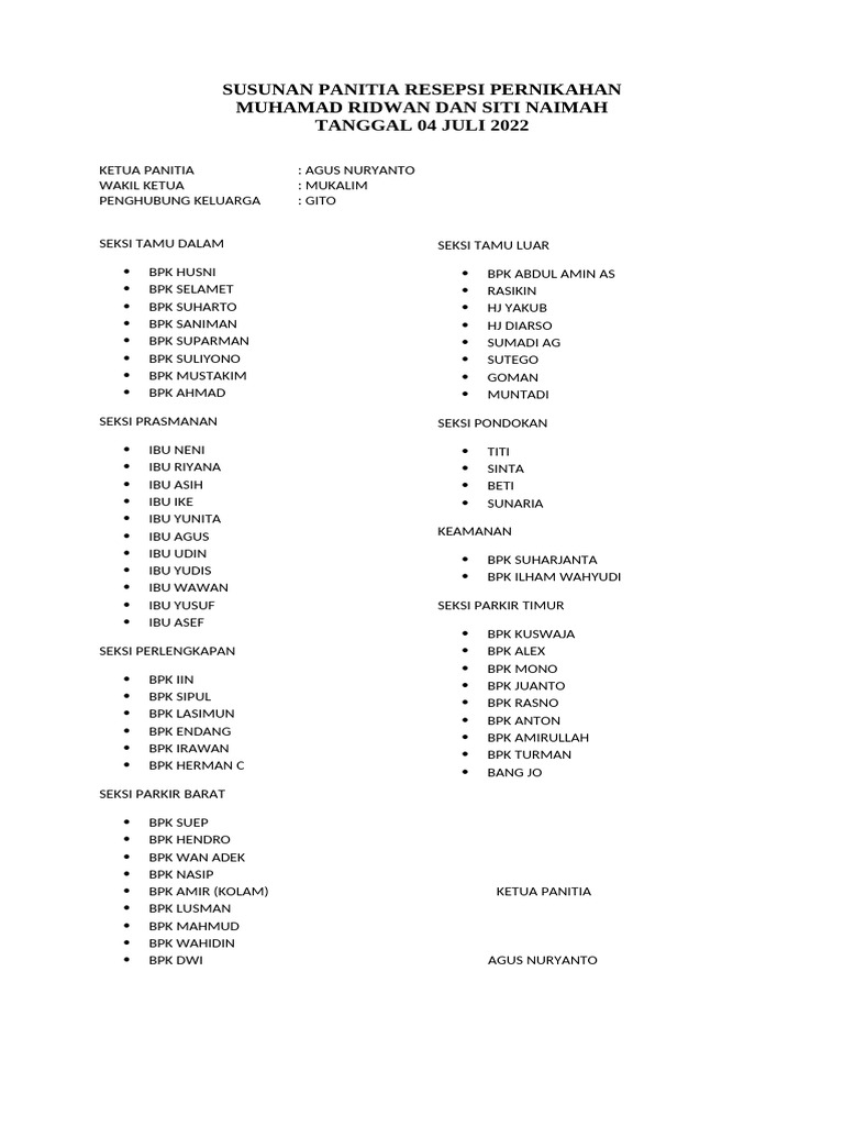 Susunan Panitia Resepsi Pernikahan | PDF