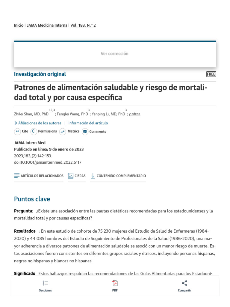 Patrones de Alimentación Saludable y Riesgo de Mortalidad Total y Por Causa Específica ...