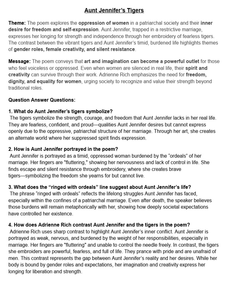 Aunt Jennifer's Tigers: A Study of Oppression | PDF | Patriarchy | Woman