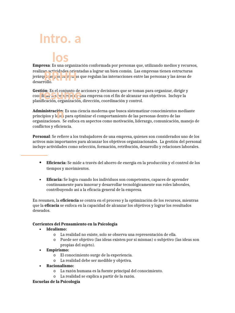 Resumen Intro RRHH | PDF | Gestión de recursos humanos | Sicología