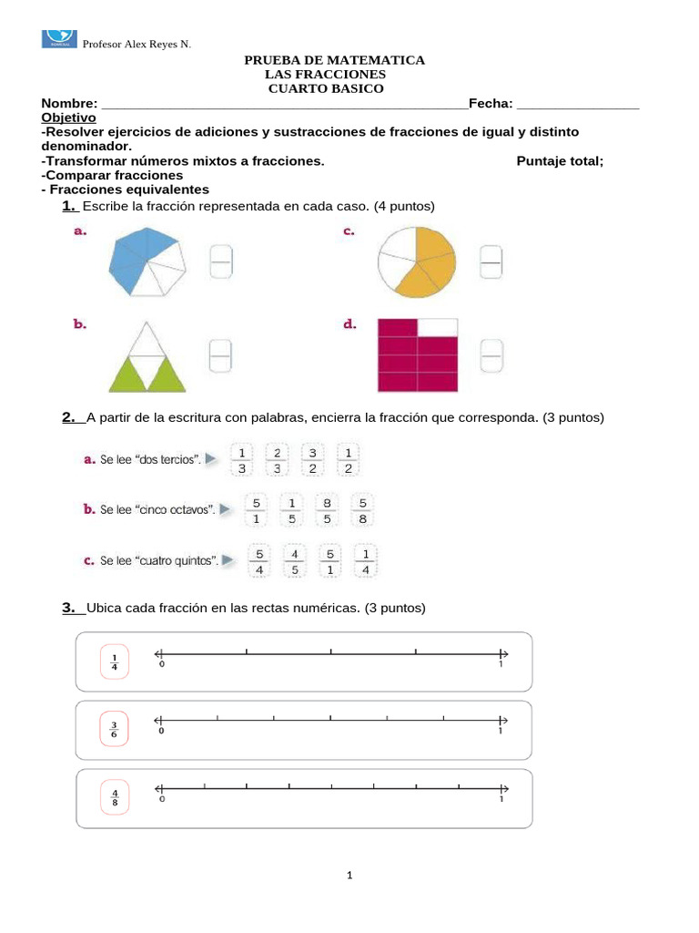 PRUEBA FRACCIONES 4° basico | PDF