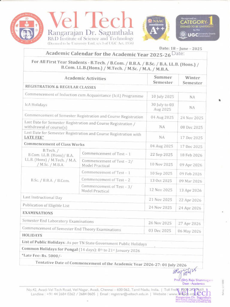 Academic Calendar - First Year | PDF
