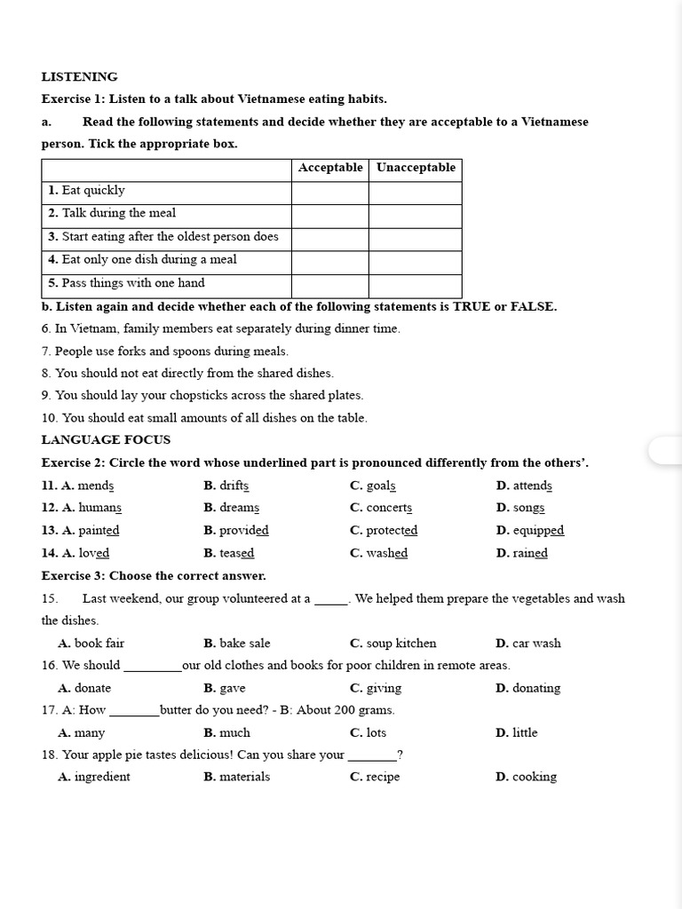 Vietnamese Eating Habits and Exercises | PDF | Tableware | Foods