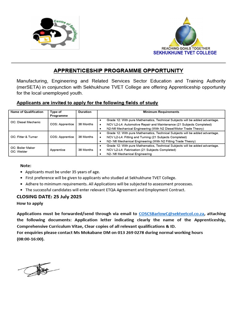 Sekhukhune TVET College Apprenticeships 2025 | PDF | Apprenticeship ...