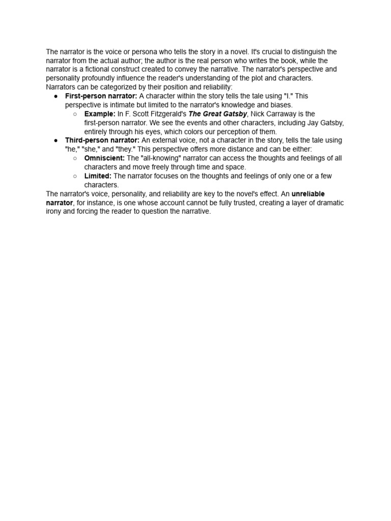 Write A Short Note On Narrator in English Novel - ... | PDF