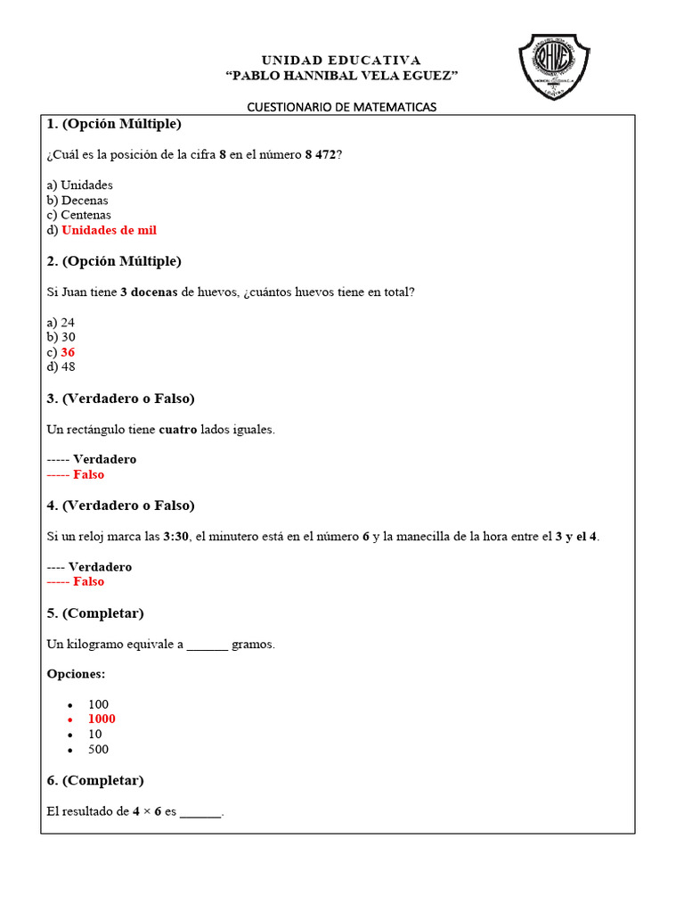 4to - Mate 1cuestionario | PDF