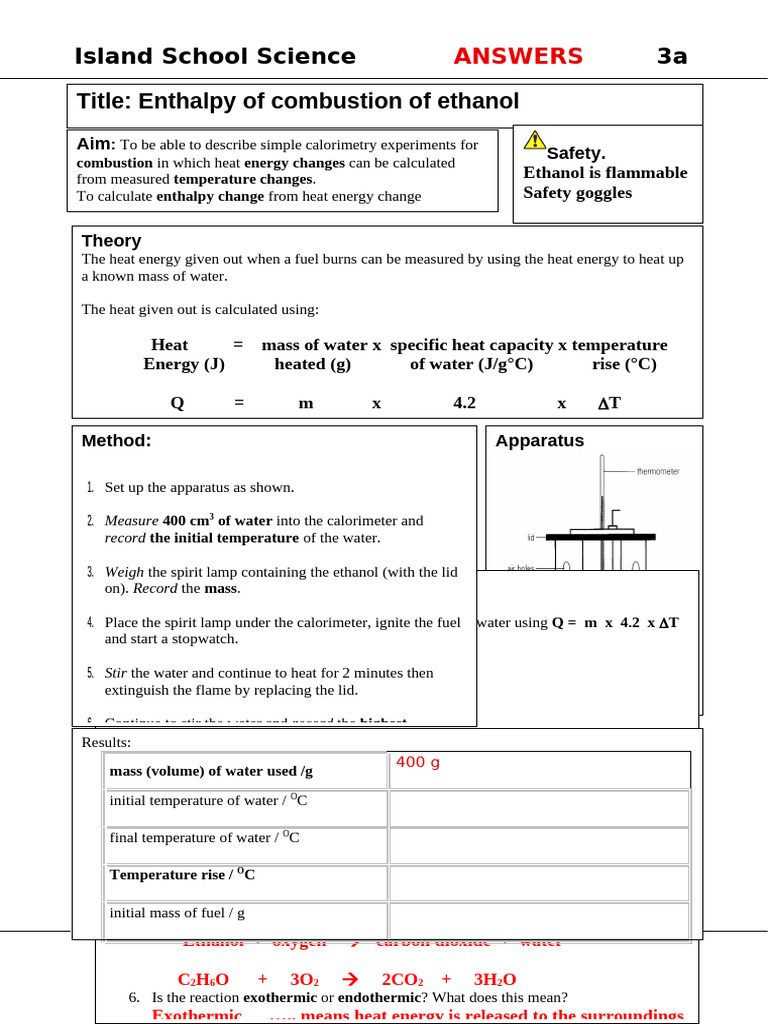 3a Combustion of Ethanol (2017) ANSWERS | PDF | Heat | Applied And Interdisciplinary Physics