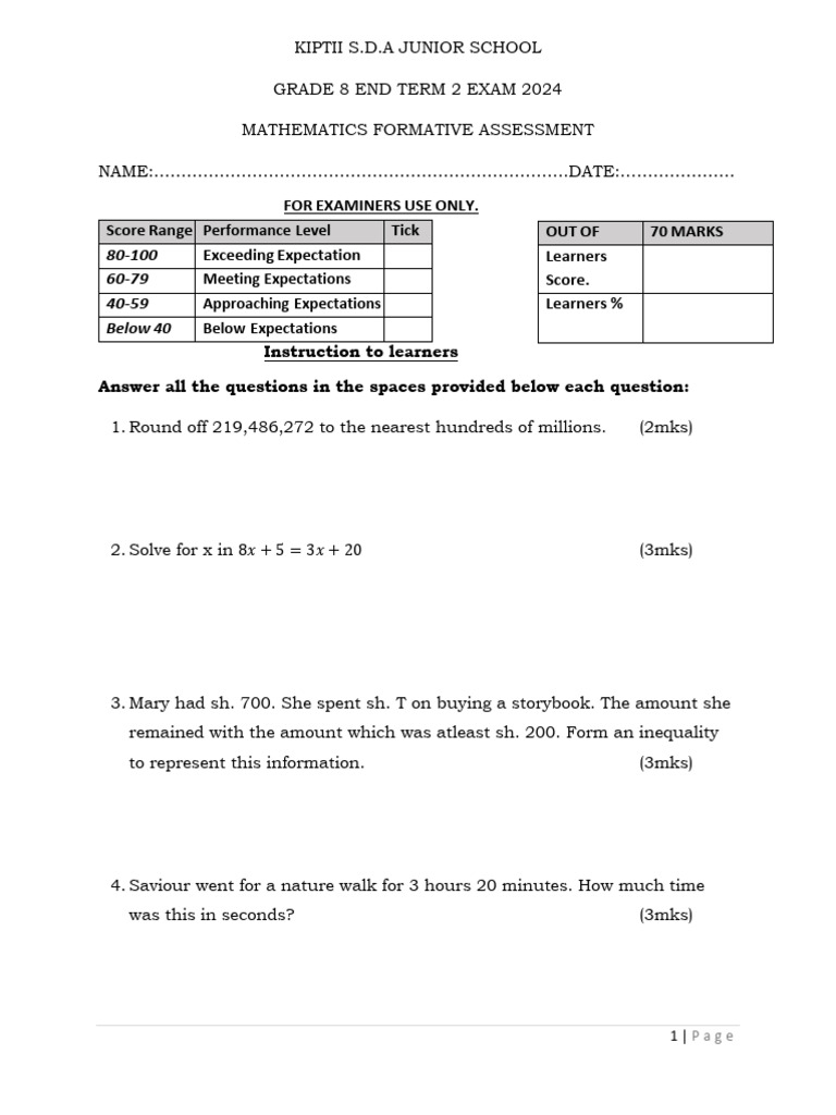 Grade 8 Term 2 Math Exam 2024 | PDF | Area | Mathematics