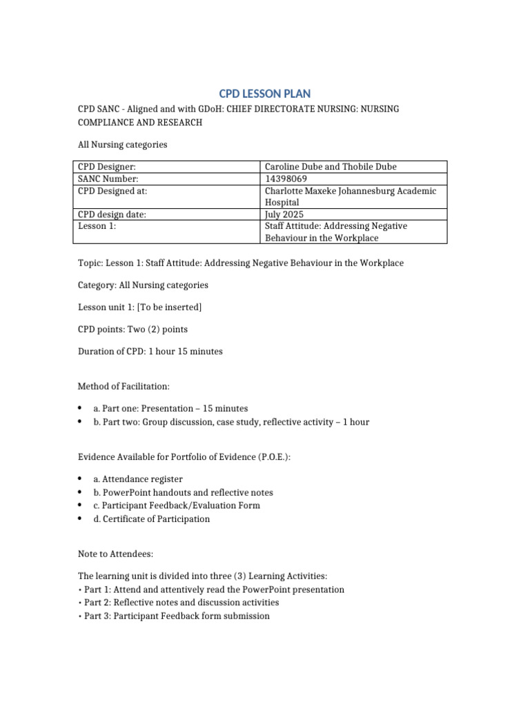 SANC CPD: Addressing Negative Behaviour | PDF | Nursing