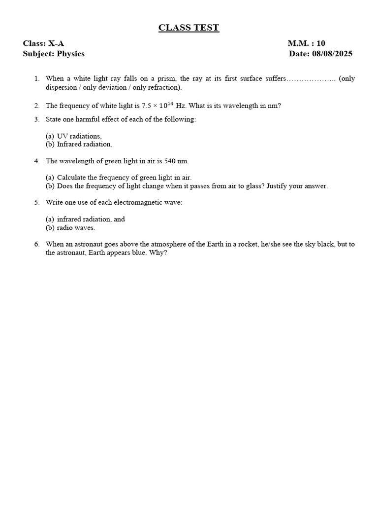 Class X-A Physics Test Questions | PDF