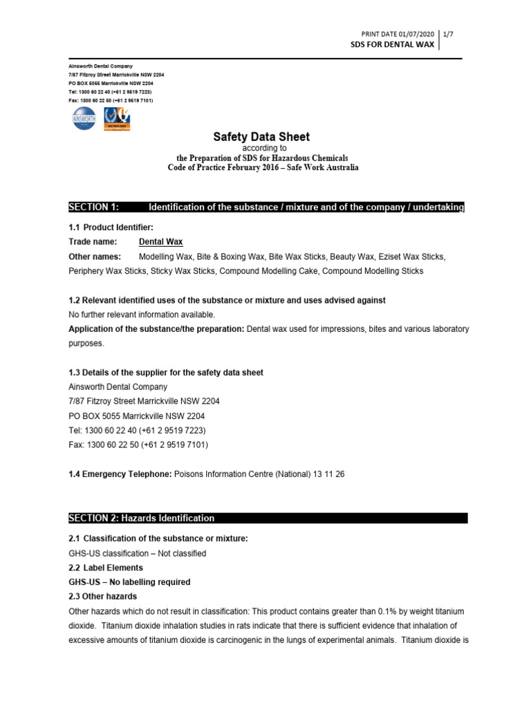 Dental Wax Safety Data Sheet | PDF | Toxicity | Firefighter