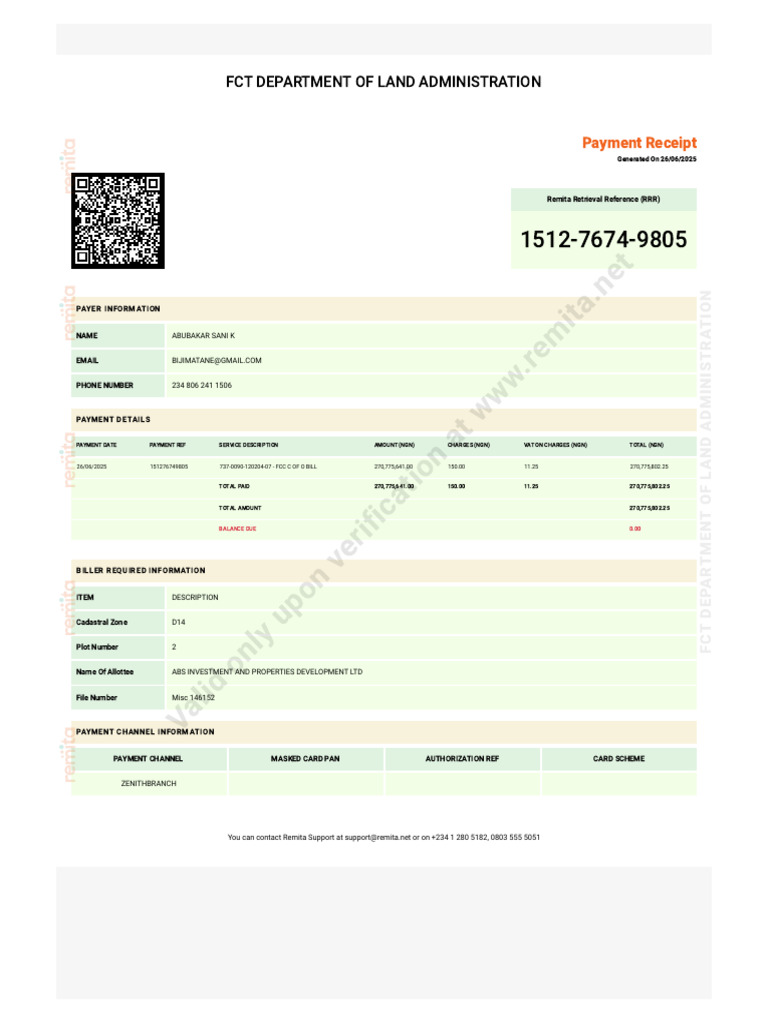 FCT Land Administration Payment Receipt | PDF | Payments | Services ...