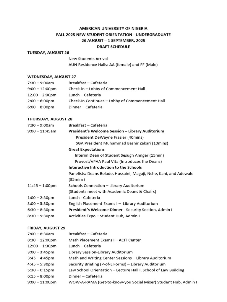 Fall 2025 New Student Orientation - Draft Schedule | PDF | Eating Behaviors Of Humans | Meal