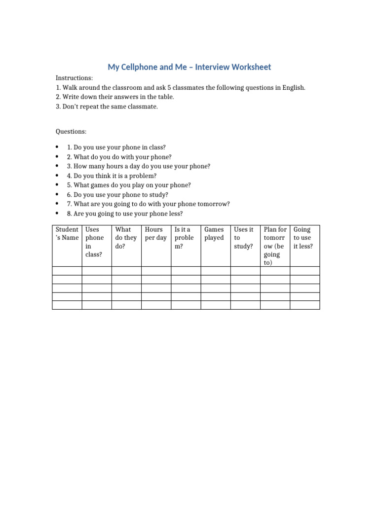 Cellphone Usage Interview Worksheet | PDF