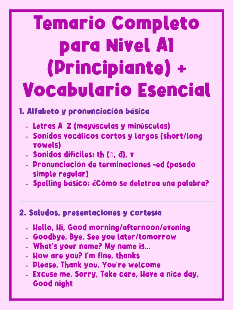 Temario Completo para Nivel A1 (Principiante) + Vocabulario Esencial | PDF