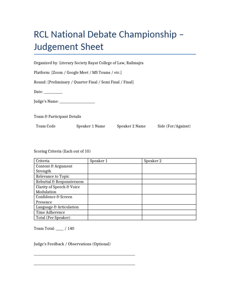 National Debate Judgement Sheet | PDF