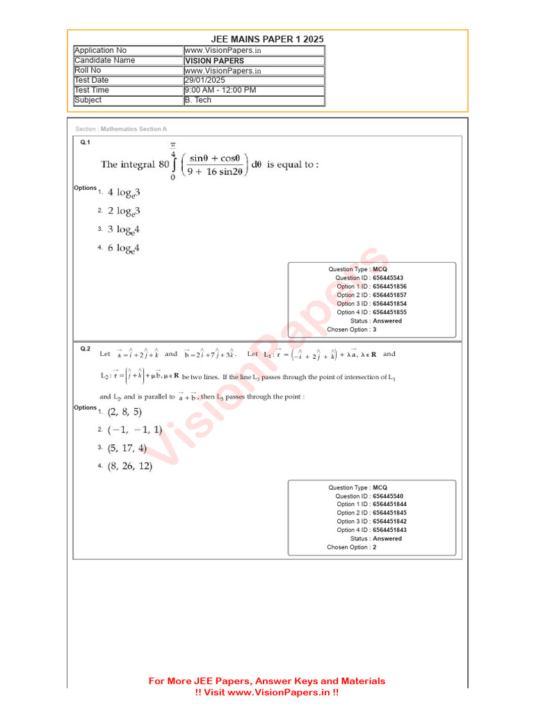 JEE Mains 2025 Mathematics Paper | PDF | Multiple Choice | Standardized ...