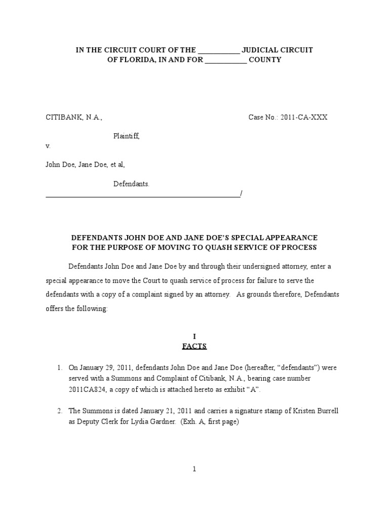 Motion To Quash Service of Process | Download Free PDF | Service Of ...