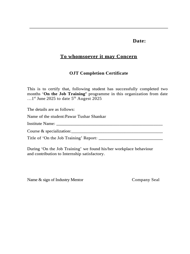 Sample Company Certificate Format For OJT | PDF