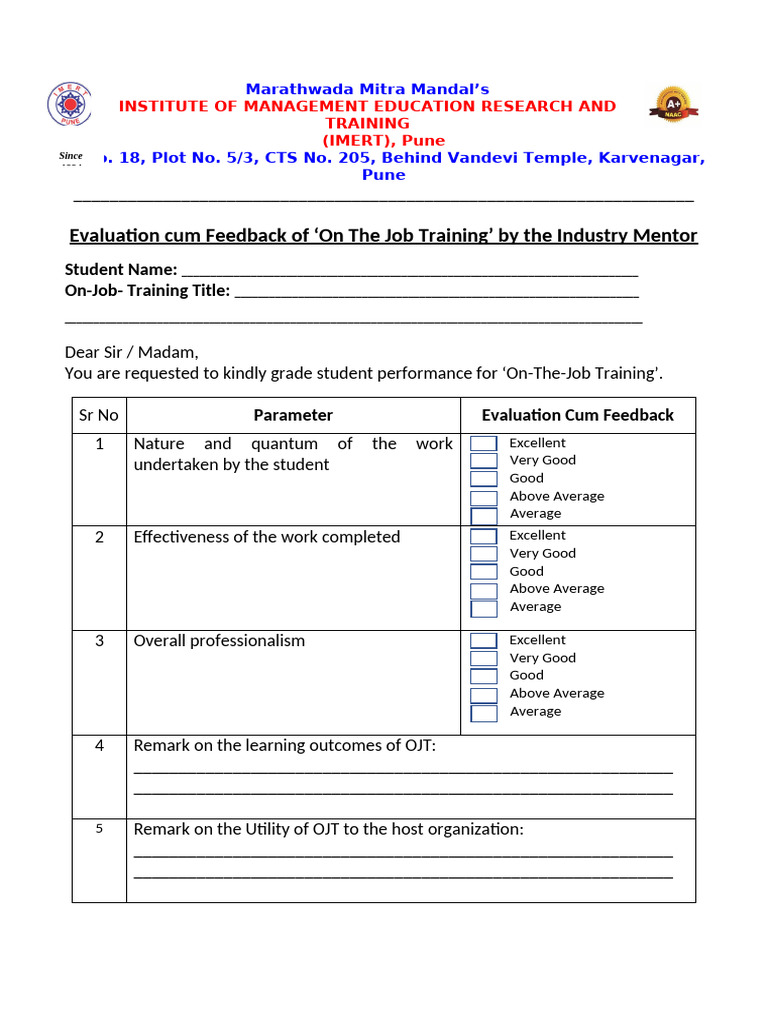 Evaluation Cum Feedback by Industry Mentor Format OJT | PDF