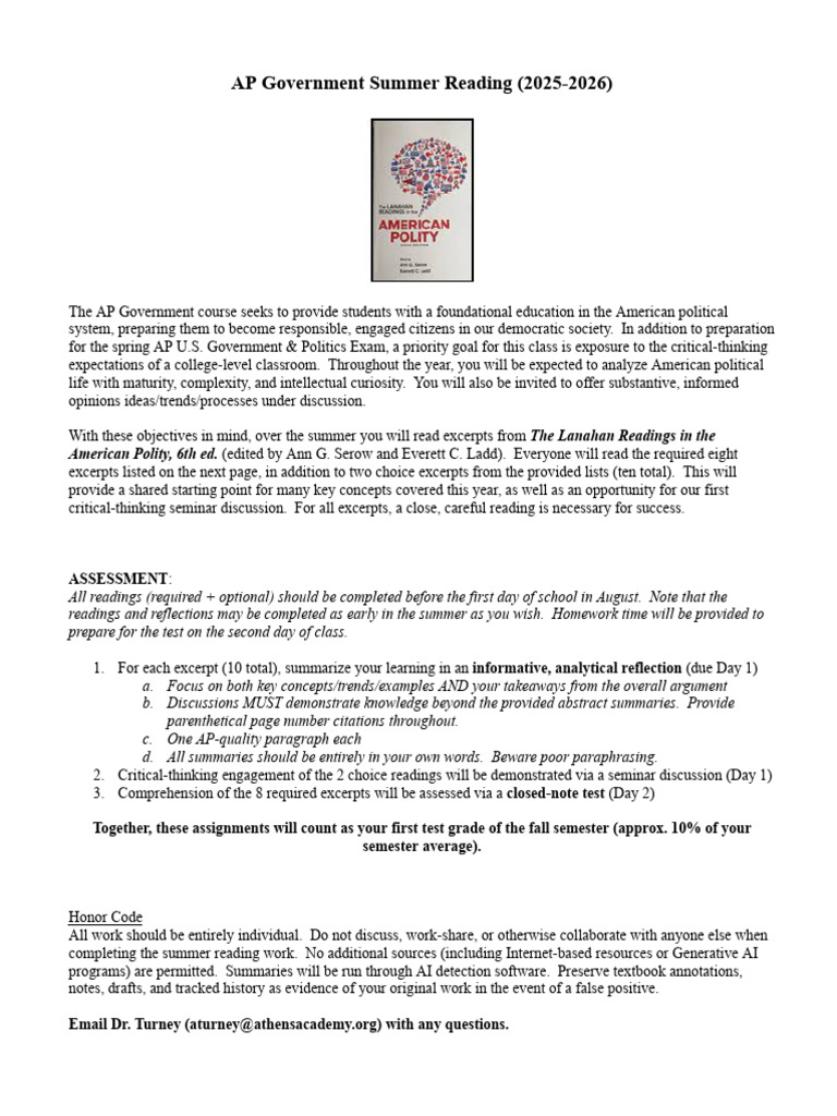 AP Government Summer Reading Instructions (2025) | PDF | Critical ...