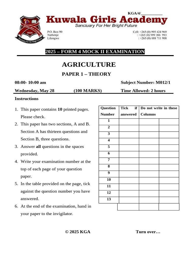 Form 4 Agriculture Mock Exam 2025 | PDF | Agriculture | Food Industry