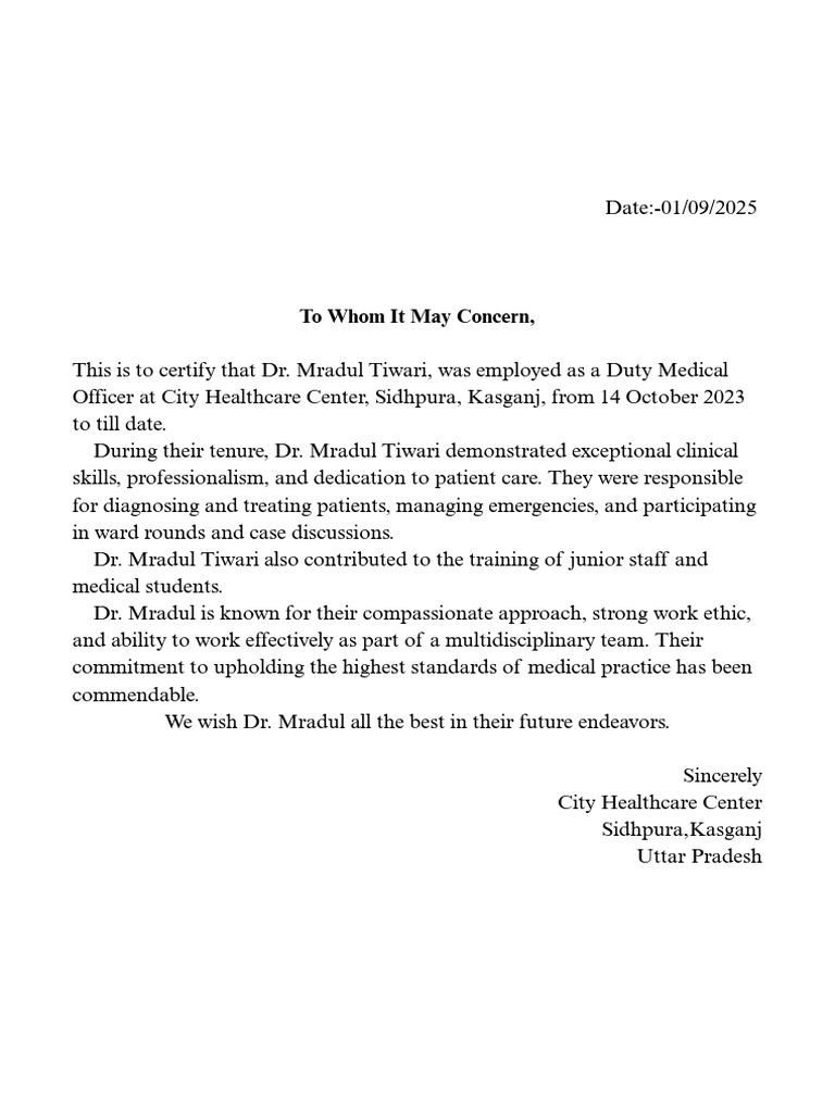 Medical Certificate for Dr. Tiwari | PDF