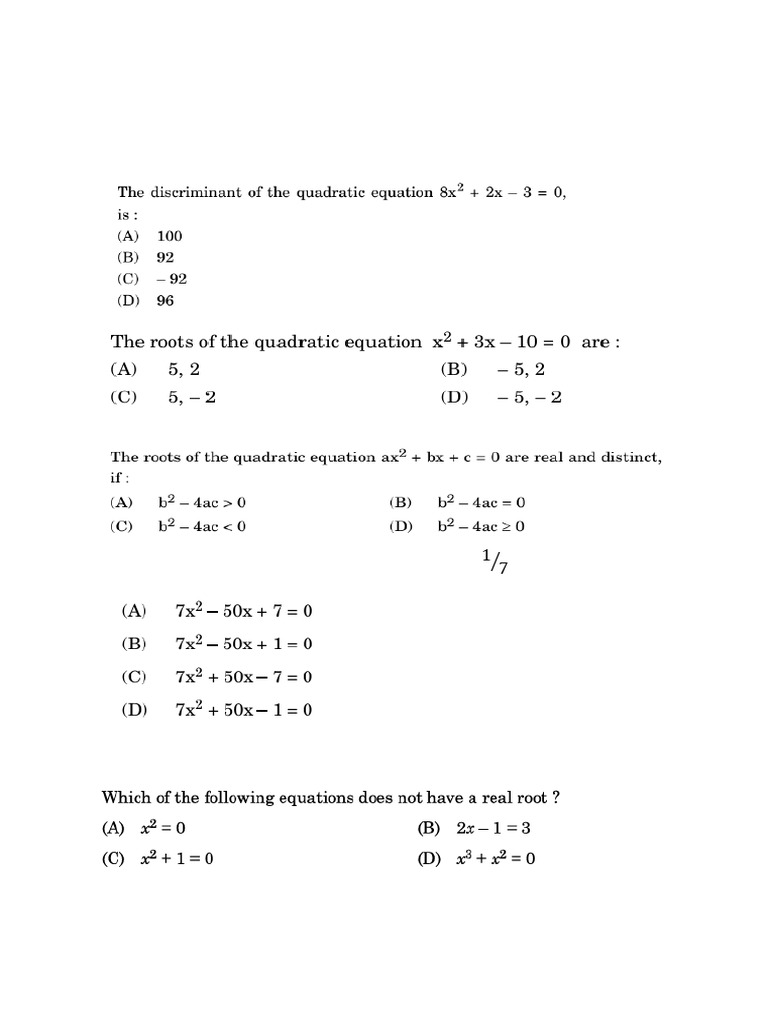 CLASS X Quadratic Equation Worksheet | PDF