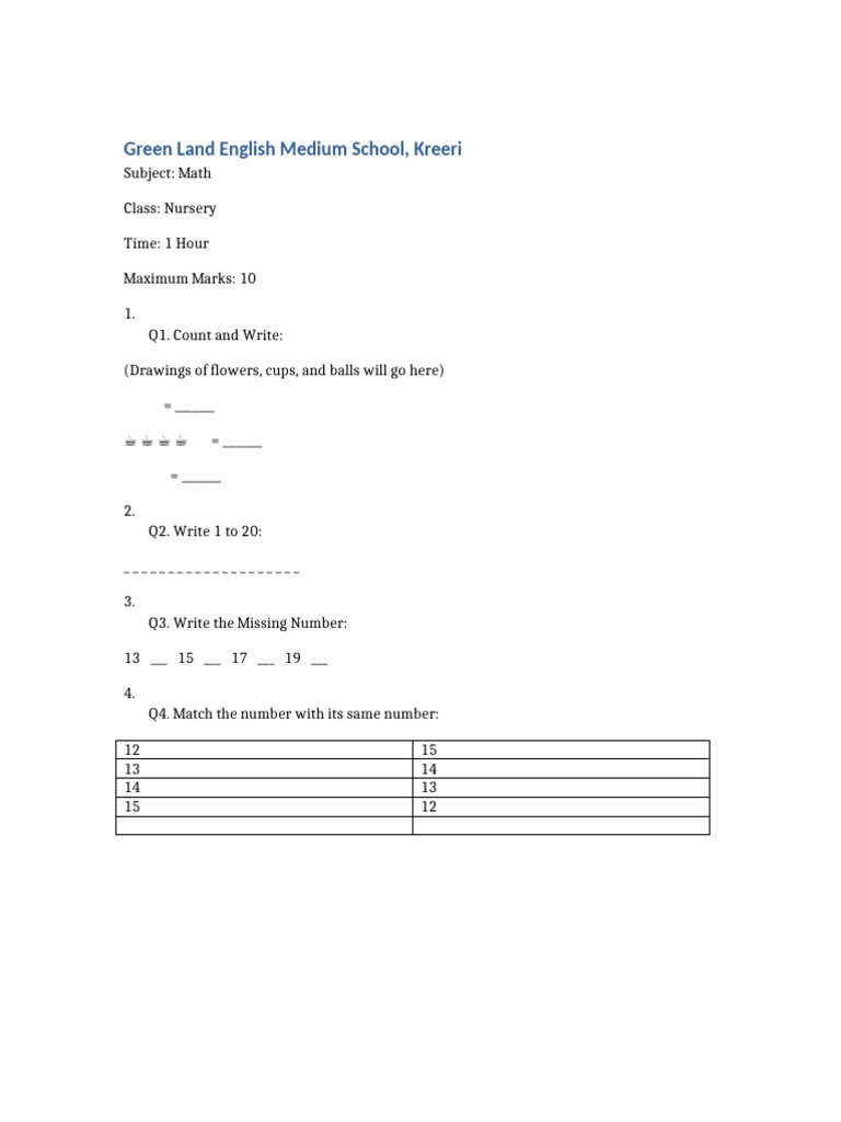 Nursery Math Question Paper | PDF
