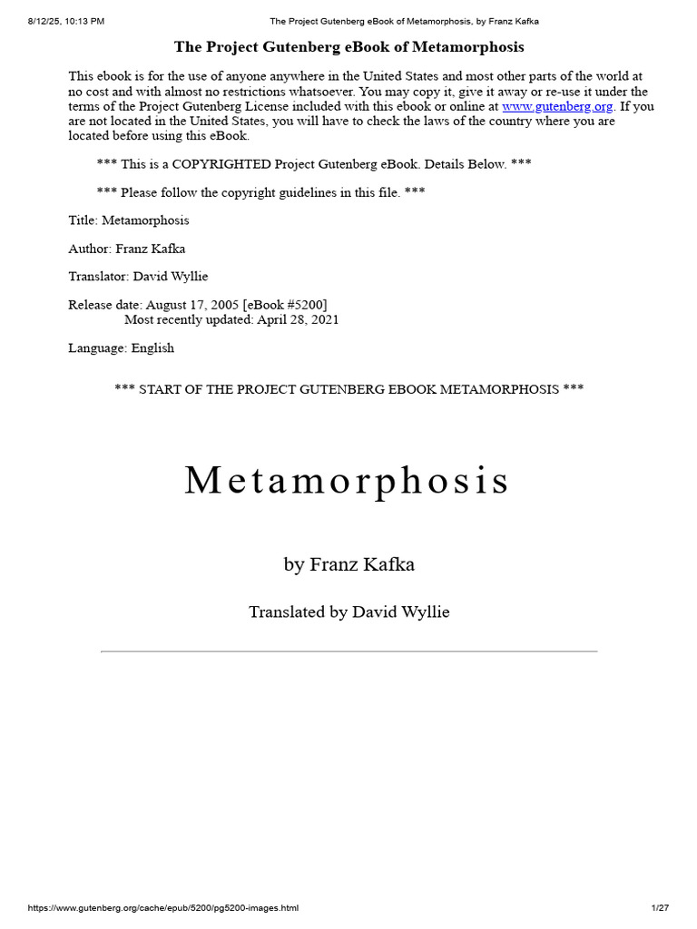 The Project Gutenberg Ebook of Metamorphosis, by Franz Kafka | PDF ...