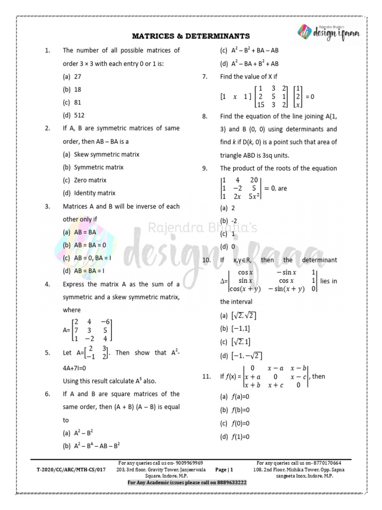 Class Sheet-Matrice - Determinants | PDF | Matrix (Mathematics) | Determinant
