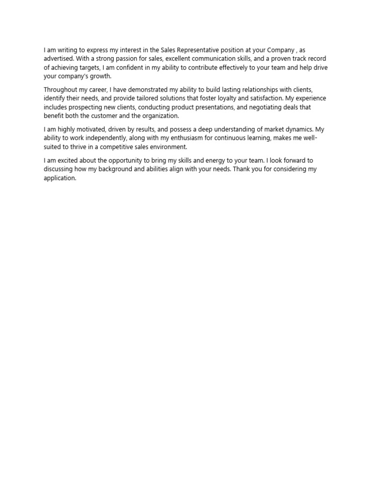 I Am Writing To Express My Interest in The Sales Representative ...
