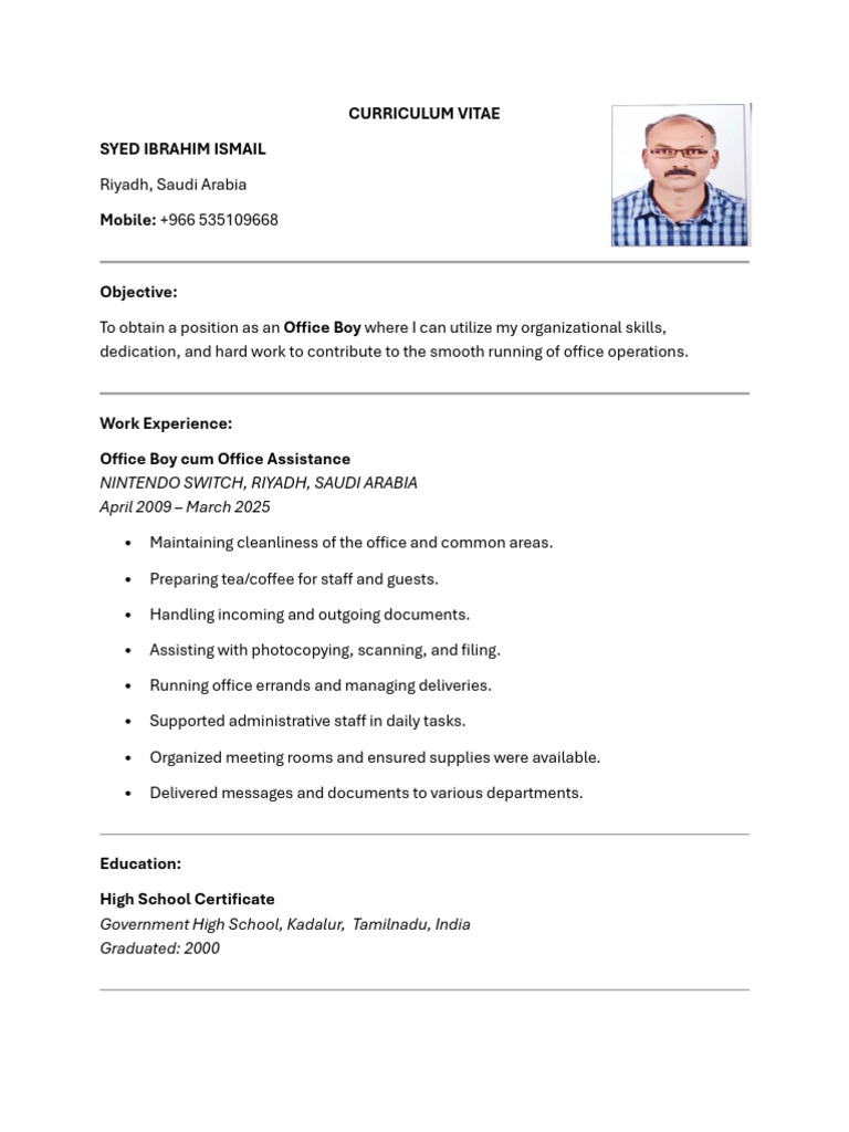 Office Boy CV - Syed Ibrahim Ismail | PDF