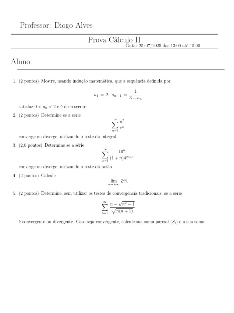 Prova De Cálculo Ii Professor Diogo Alves Pdf