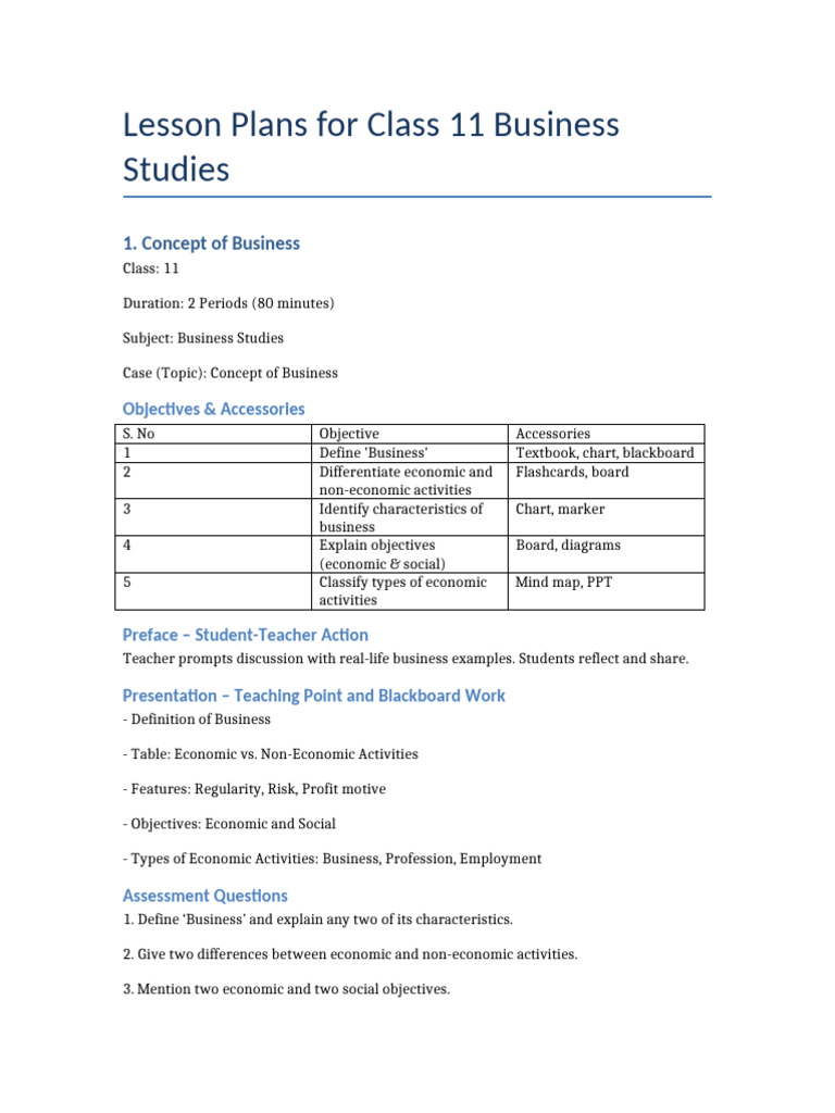 Business Studies Lesson Plan for Class 11 | PDF