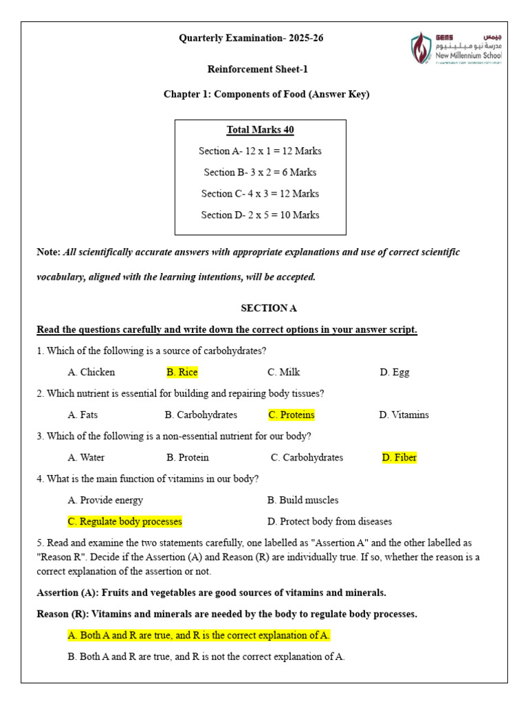 Gr6 Sci Unit1 Reinforcement Sheet Components of Food Answer Key 2025-26 ...