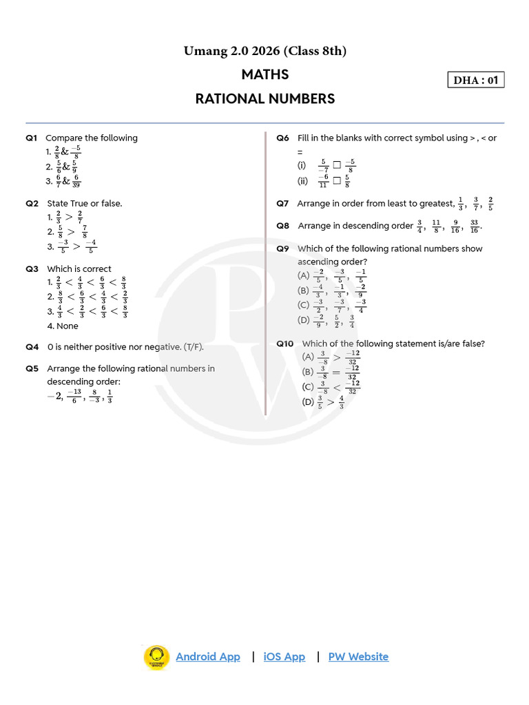 Rational Numbers - DHA 01 - Umang 2.0 2026 (Class 8th) | PDF | Elementary Mathematics | Arithmetic