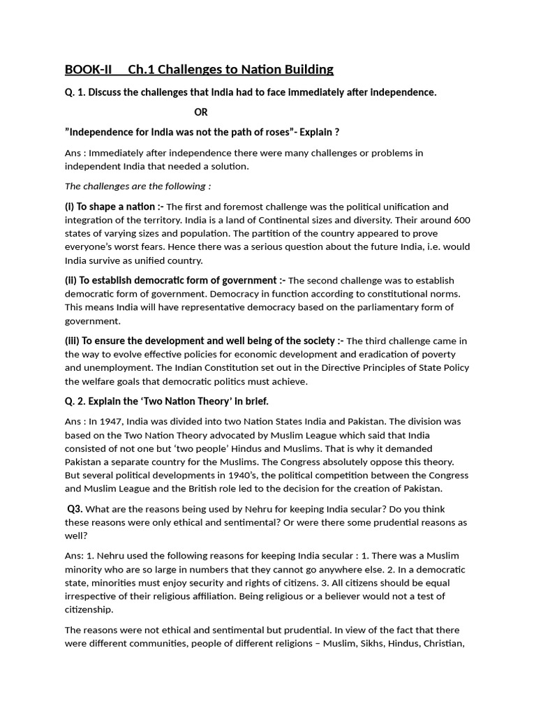 Notes of Ch. 1.challenges To Nation Building | PDF | Two Nation Theory ...