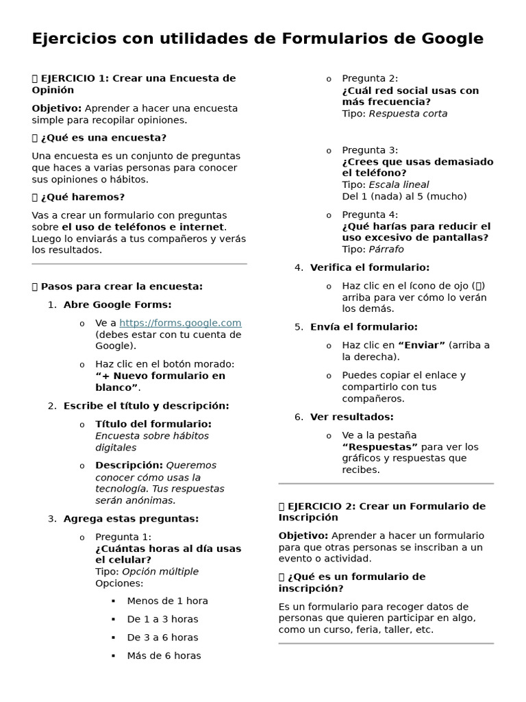 Ejercicios Con Utilidades de Formularios de Google | PDF | Metodología de encuesta