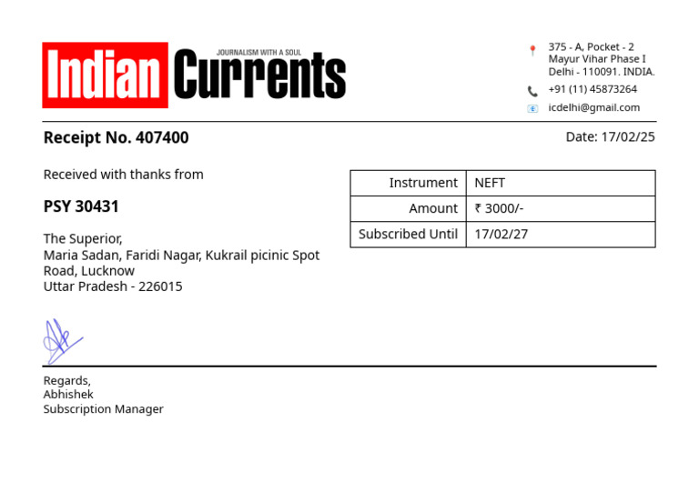 Receipt No. 407400: Date: 17/02/25 Received With Thanks From Instrument ...