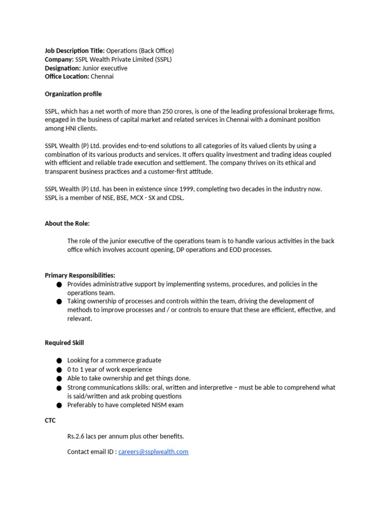 Junior Executive - Operations (Back Office) | PDF